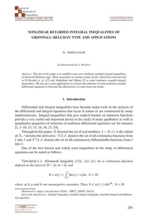 Pdf Nonlinear Retarded Integral Inequalities Of Gronwall Bellman Type