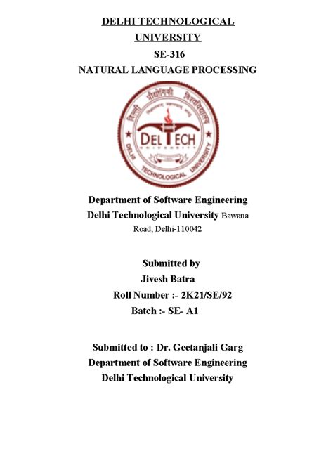 NLP Lab File It Is The Lab File DELHI TECHNOLOGICAL UNIVERSITY SE NATURAL LANGUAGE