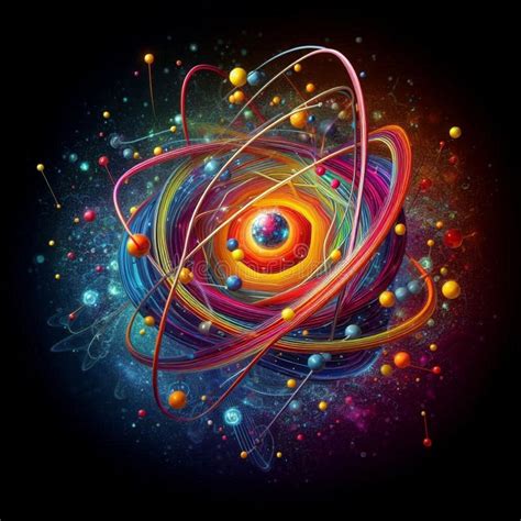 An Abstract Image Of A Colorful Atomic Model Of A Sphere Surrounded By Spheres Stock