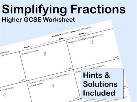 Gcse Maths Worksheet Simplifying Fractions Higher Tier Teaching Resources