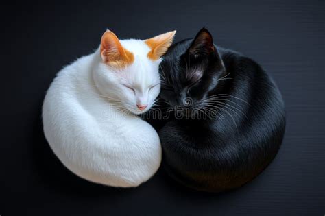 A Black Cat Curled Up In A Circular Position With A White Cat Curled