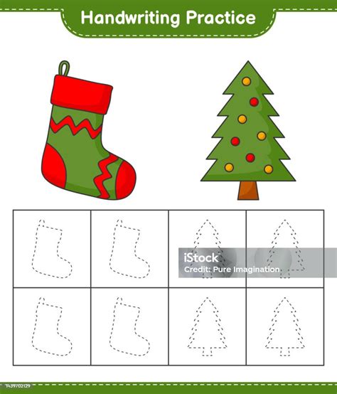 필기 연습 크리스마스 양말과 크리스마스 트리의 추적 라인 교육 어린이 게임 인쇄 워크시트 벡터 일러스트 레이 션 0명에 대한
