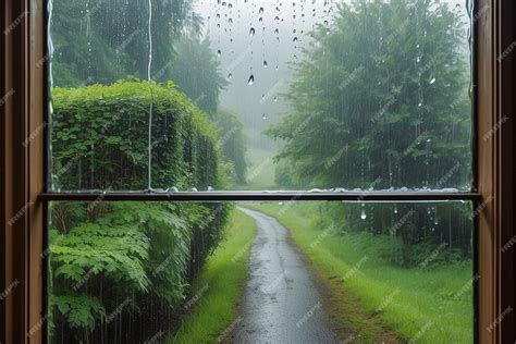 Natural Route Through Window With Rain Drops Premium Ai Generated Image