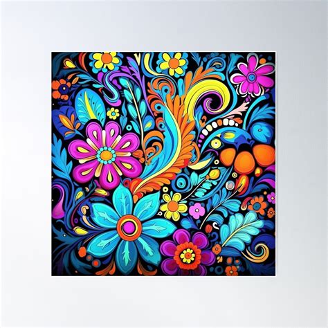 Groovy Psychedelic Hippy Trippy Blue Purple Flowers Poster Wall Art