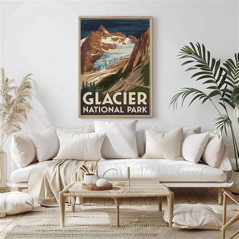 Vintage Glacier National Park Framed Vertical Poster Wall Art Print