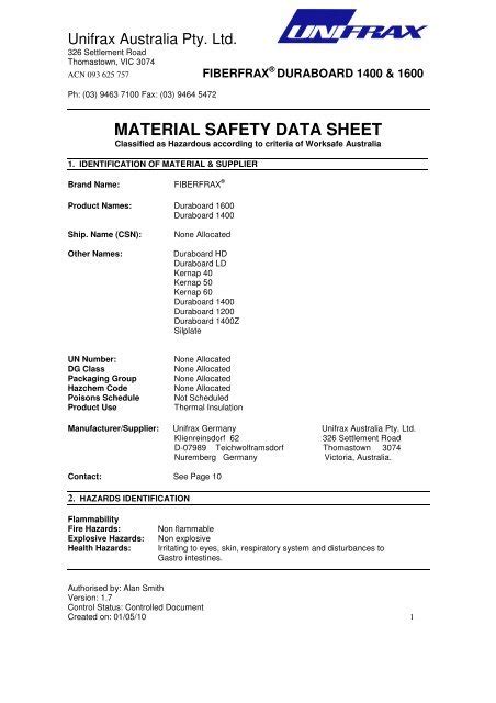 Material Safety Data Sheet Unifrax Australia