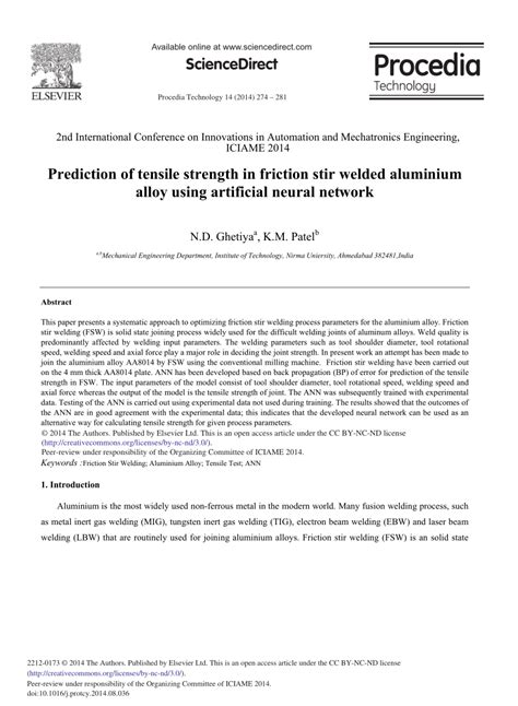 Pdf Prediction Of Tensile Strength In Friction Stir Welded Aluminium