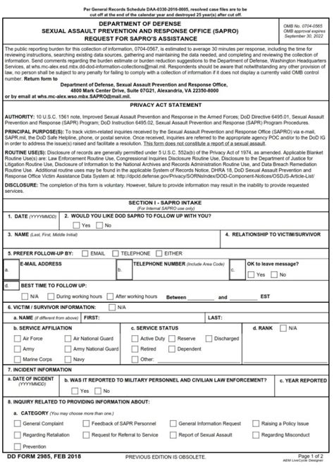 Dd Form 2985 Dod Sexual Assault Prevention And Response Office Sapro