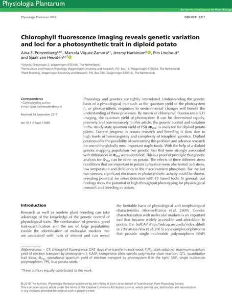 Pdf Chlorophyll Fluorescence Imaging Reveals Genetic Variation And