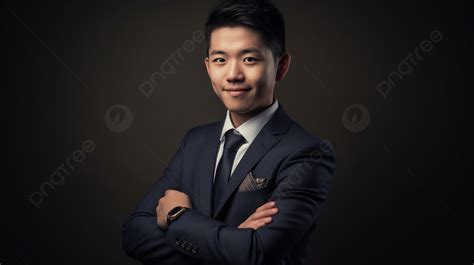 아시아 사업가가 어두운 배경 앞에 서서 웃고 있다 팔짱을 끼고 정장을 입은 청년 웃고있는 고화질 사진 사진 배경 일러스트 및 사진 무료 다운로드 Pngtree
