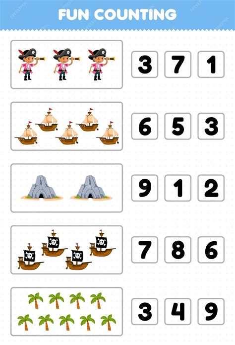 아이들을 위한 교육 게임은 귀여운 만화 소년 배 동굴 나무 인쇄 가능한 해적 워크시트의 정확한 수를 세고 선택하는 것을 재미있게