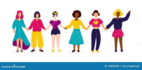 Interracial Group Of Women Holding Hands Cartoon Vector