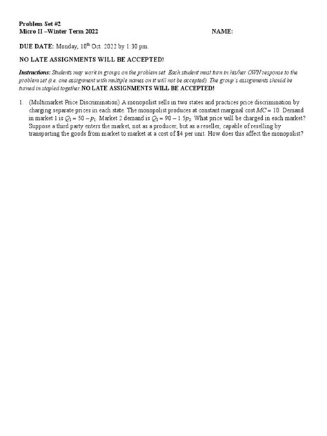 Problem Set 2 Micro Ii Solutions Pdf Monopoly Profit Economics