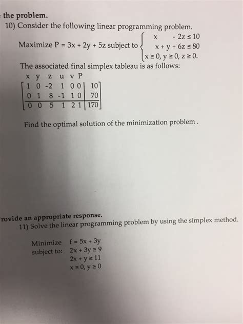 Solved The Problem 10 Consider The Following Linear