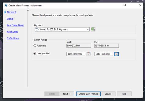 creating view frames and sheet creation matchlines not arriving at