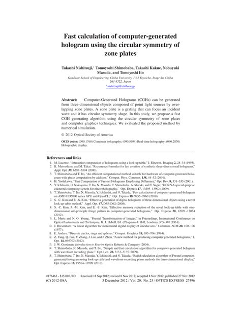Pdf Fast Calculation Of Computer Generated Hologram Using The Circular Symmetry Of Zone Plates