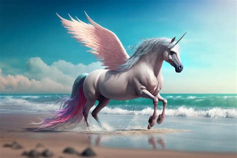 Premium Ai Image Unicorn Rainbow Color With Wings On Sea Salt Run Jump At The Beach Seashore
