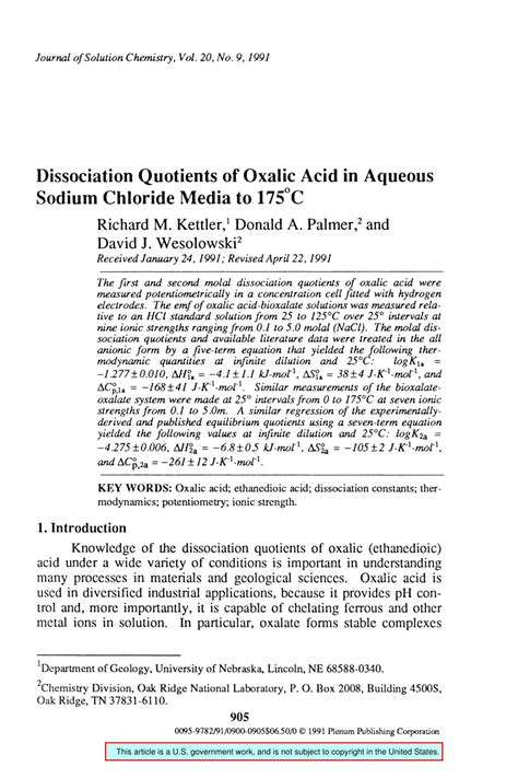 Pdf Dissociation Quotients Of Oxalic Acid In Aqueous Sodium Chloride