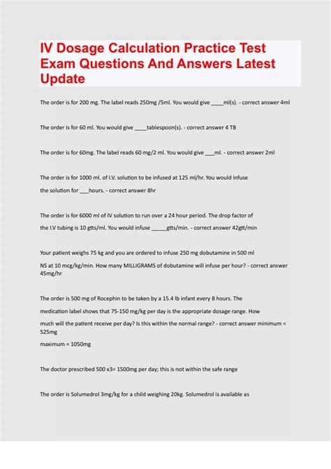 Iv Dosage Calculation Practice Test Exam Questions And Answers Latest Update Medication