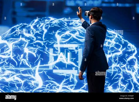Computer Scientist Wearing Vr Headset Looking At Hologram Of Artificial