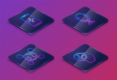 아이소메트릭 라인 스마트폰을 설정하고 게임 공유 마이크 및 헤드 헌팅 개념에서 플레이합니다 파란색 사각형 버튼입니다 벡터 3차원 형태에 대한 스톡 벡터 아트 및 기타 이미지