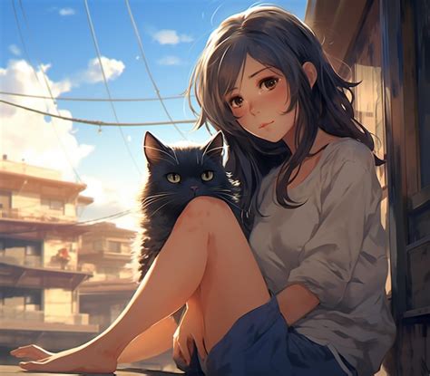 Premium Ai Image Anime Girl Sitting On The Ground With A Cat In Her