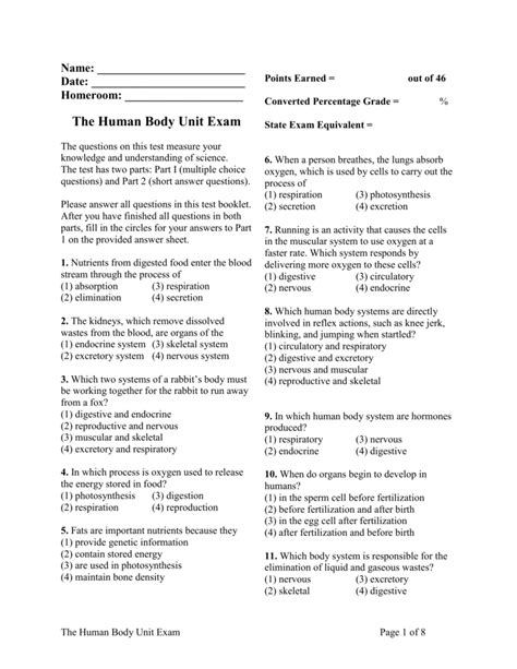 UNIT 6 The Human Body Unit Exam