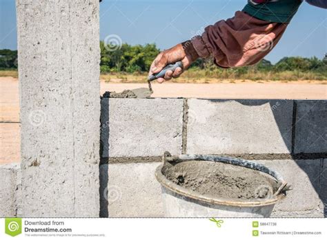 Worker Make Concrete Wall By Cement Block And Plaster Stock Photo Image Of Design