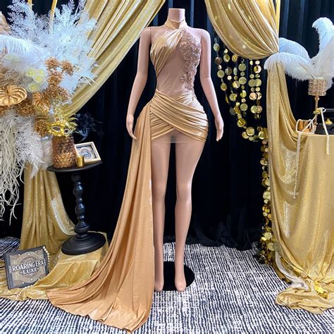 Rose Gold Crystal Rhinestone Birthday Dress Handmade Gown Haute Couture