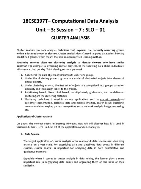 18cse397t computational data analysis unit 3 session 7 slo 01