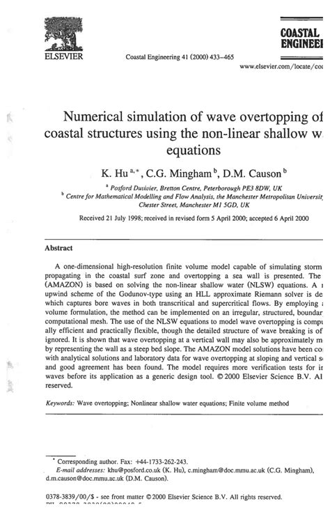 PDF Numerical Simulation Of Wave Overtopping Of Coastal Structure Using The Non Linear Shallow