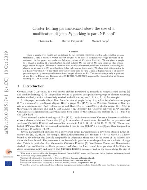 Pdf Cluster Editing Parameterized Above The Size Of A Modification Disjoint P3 Packing Is
