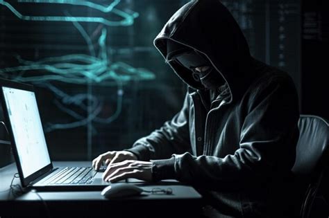 Premium AI Image Hooded Hacker Stealing Data From Laptop At Night In Dark Room