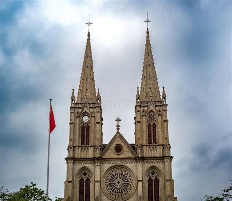 Sacred Heart Cathedral Of Guangzhou Under Cloudy Sky With Chinese