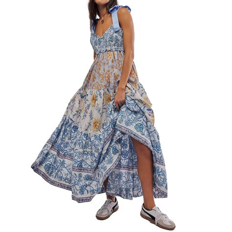 Abyovrt Women Floral Maxi Dress Sleeveless Tie Shoulder Bohemian Flowy