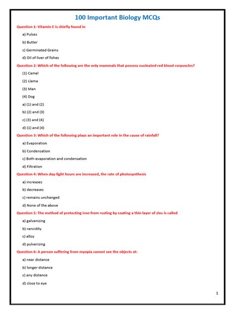 100 Biology Mcqs For Class Pdf Tissue Biology Epithelium