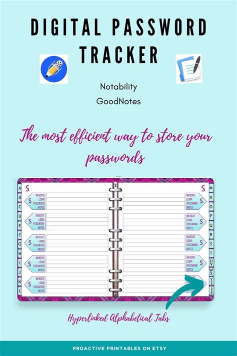 digital password tracker password keeper log with hyperlinked tabs for goodnotes notability