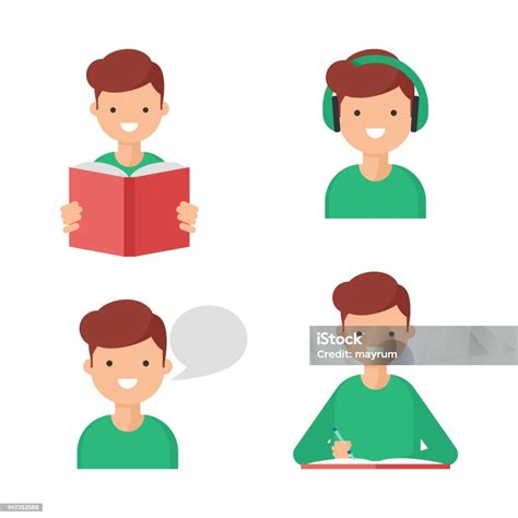 읽기 쓰기 말하기 듣기입니다 아이콘 평면 스타일을 학습 하는 언어 듣기에 대한 스톡 벡터 아트 및 기타 이미지 듣기 말하기