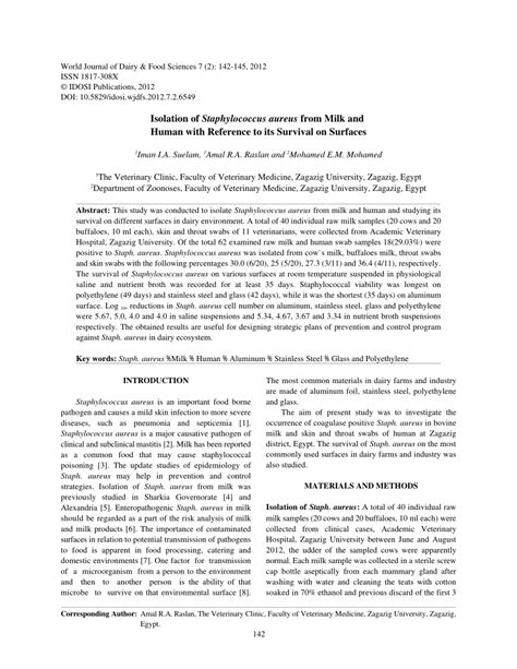 Pdf Isolation Of Staphylococcus Aureus From Milk And Human With