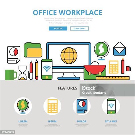 선형 평면 사무소 직장 Infographics 템플릿과 아이콘 웹사이트 영웅 이미지 벡터 일러스트 기술 및 장치 개념입니다 0명에 대한 스톡 벡터 아트 및 기타 이미지