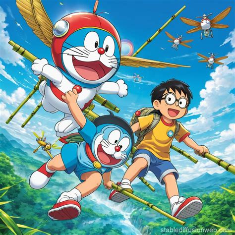 Futuristic Doraemon And Nobita In Bamboo Copters Stable Diffusion Online