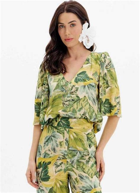 Blusa Fluida Estampada De Mangas Curtas Com Decote Em V A2103 Lanca