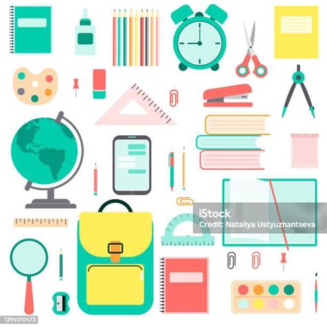 학교 도구 용품 문구류의 평면 디자인 컬러 아이콘 세트 픽토그램 펜 글로브 배낭 통치자 책 브러시 연필 및 기타 항목 가위에 대한 스톡 벡터 아트 및 기타 이미지 Istock