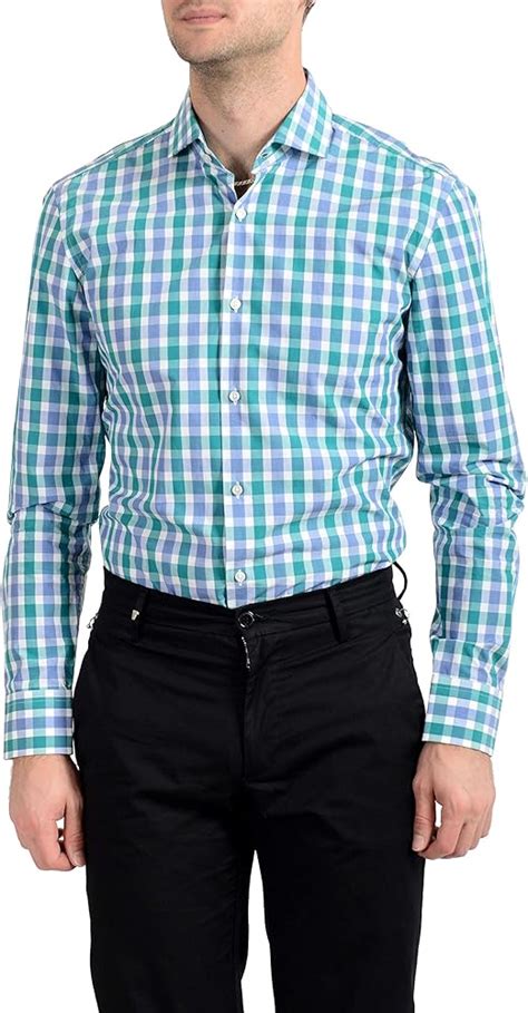 Hugo Boss Mens Large Green White Gingham Plaid Long Sleeve Button Up