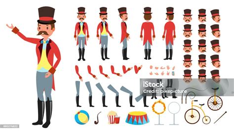서커스 트레이너 벡터입니다 애니메이션된 캐릭터 만들기 세트입니다 길이 전면 측면 후면 액세서리 포즈를 꽉 찼습니다 그리고 감정 헤어스타일 제스처를 얼굴 플랫 만화 삽화를