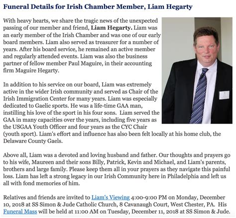 Funeral Details For Liam Hegarty Irish American Business Chamber And Network Iabcn Philadelphia