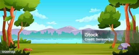 조경 강 둑 산 아름다운 풍경 배경 숲 녹색 잔디와 돌 바위 언덕과 푸른 하늘의 벡터 나무와 덤불 봄또는 여름을 배경으로 친환경 환경 배경 주제에 대한 스톡 벡터 아트 및