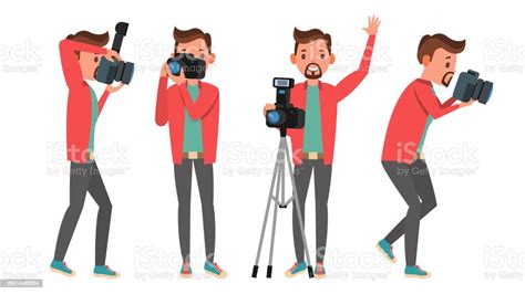 사진 작가 벡터입니다 현대 카메라입니다 포즈 전체 길이 복용 사진 사진 디자인입니다 플랫 만화 일러스트 레이 션 사진작가에 대한 스톡 벡터 아트 및 기타 이미지 Istock