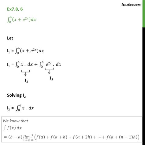 ex 7 8 6 integrate x e2x dx from 0 to 4 by limit as a sum