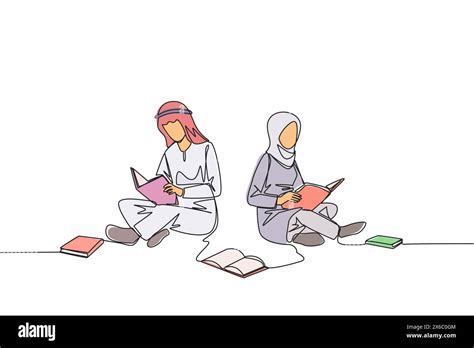 Single One Line Drawing Arabian Man Woman Sitting Relax In Library